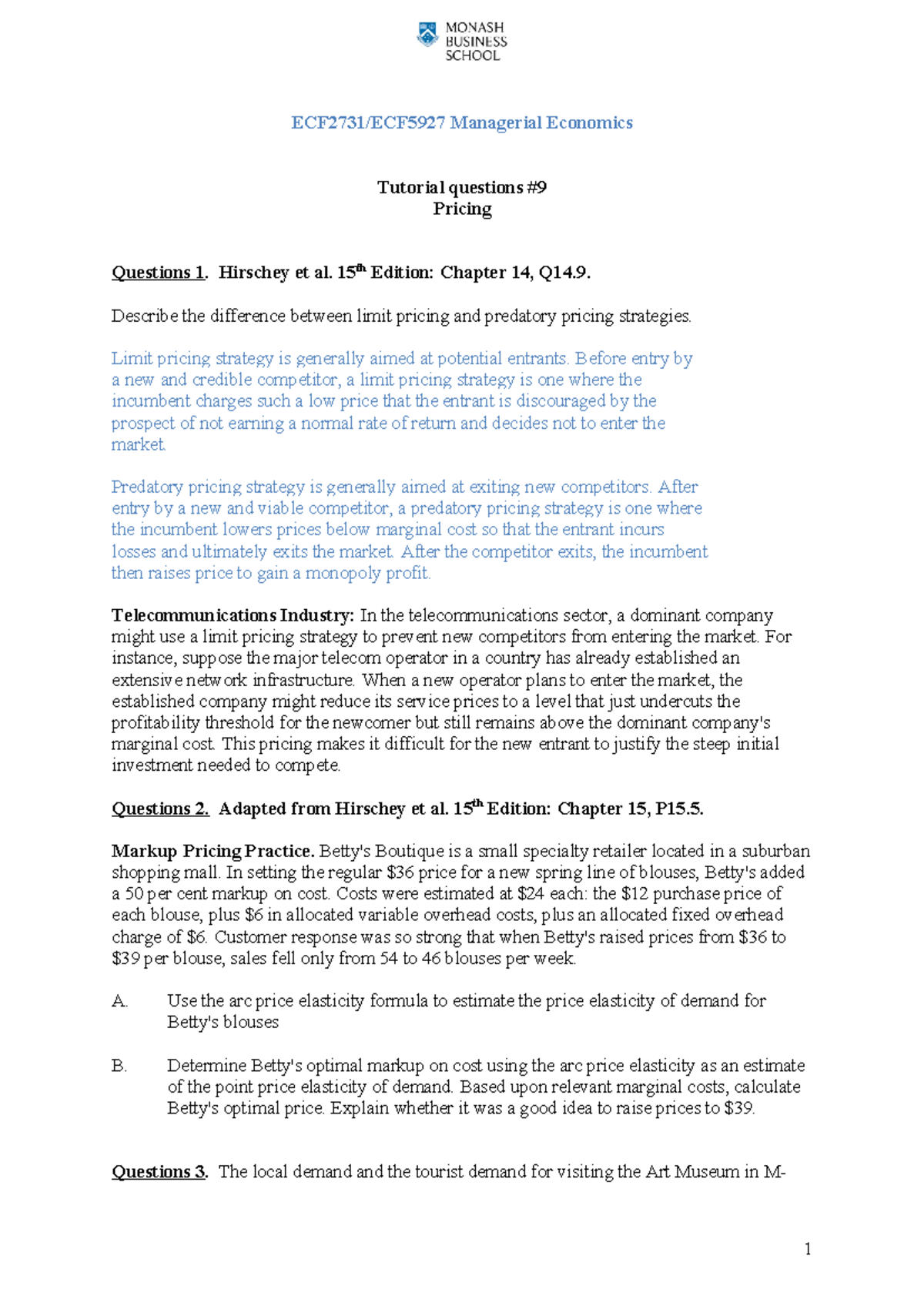 ECF2731/ECF5927 Managerial Economics Tutorial: Pricing Strategies ...