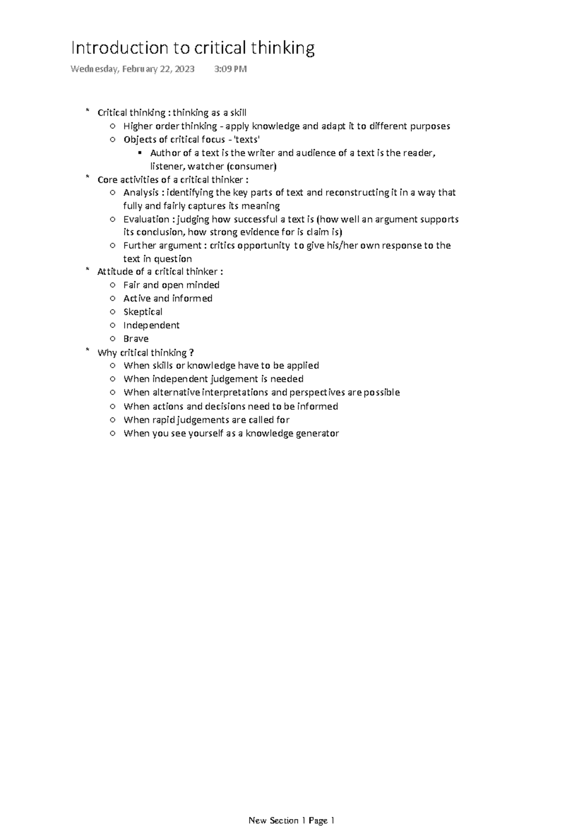 INF 113 - Summary of content - Critical thinking : thinking as a skill Higher order thinking ...