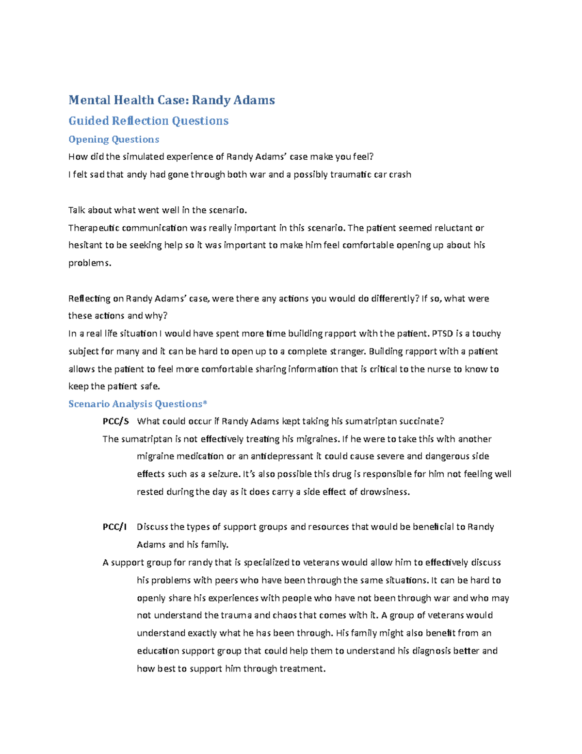Randy Adams Mental Health Case Reflection & Analysis Questions - Studocu