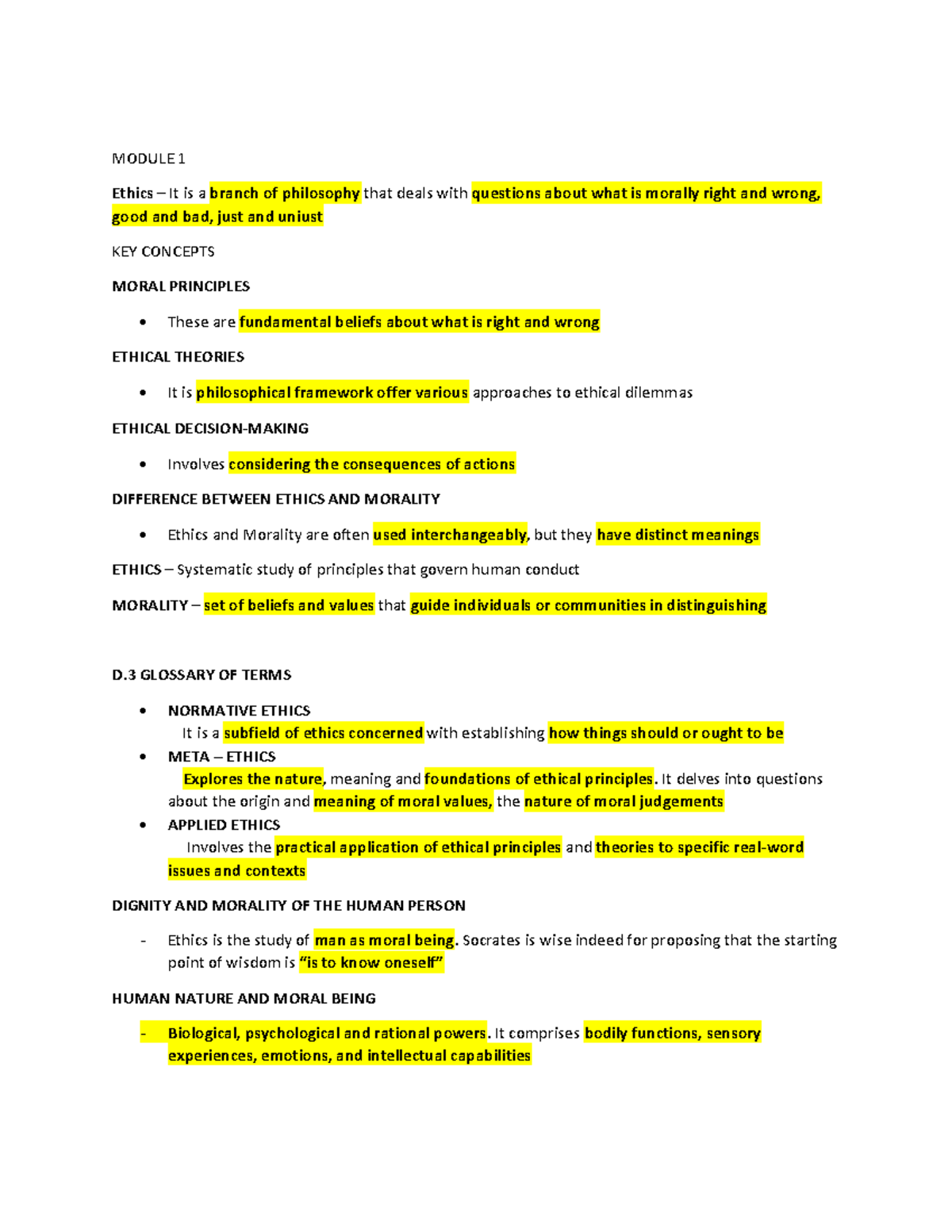MODULE 1: Ethics - Key Concepts and Moral Principles Overview - Studocu