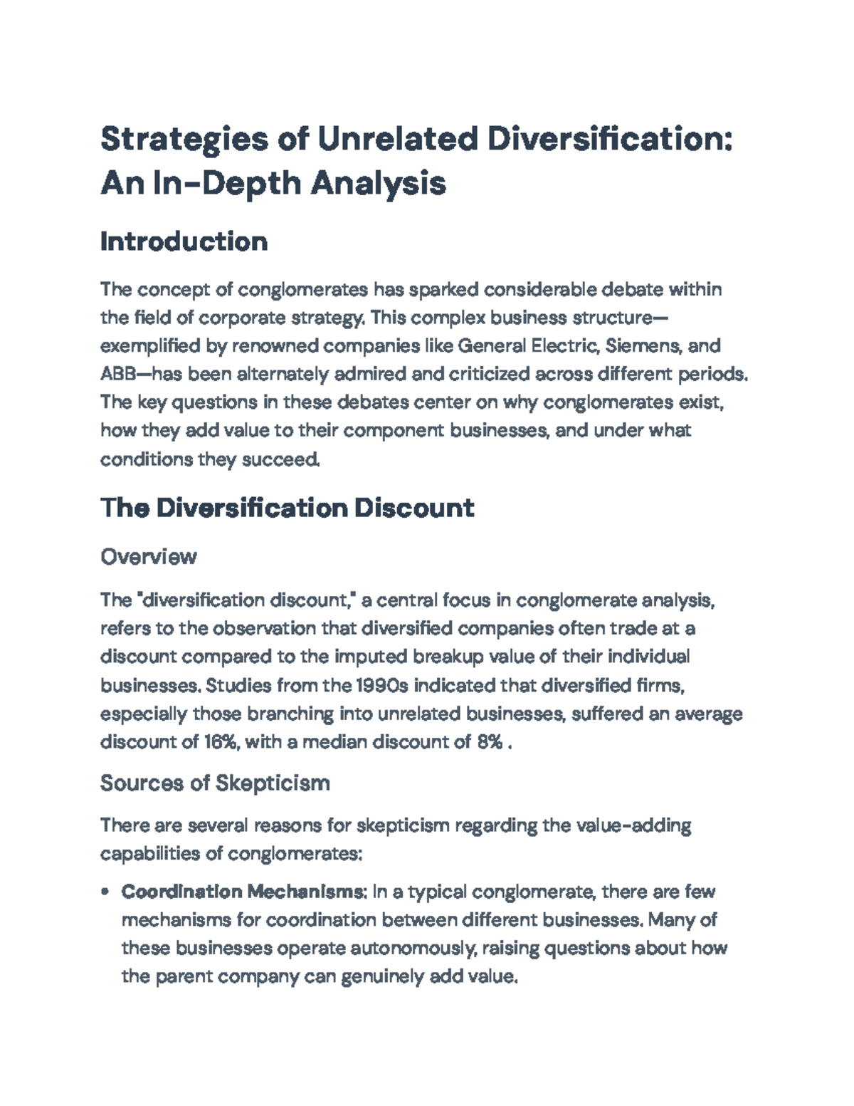 Strategies of Unrelated Diversification: A Critical Analysis (BUS 301 ...
