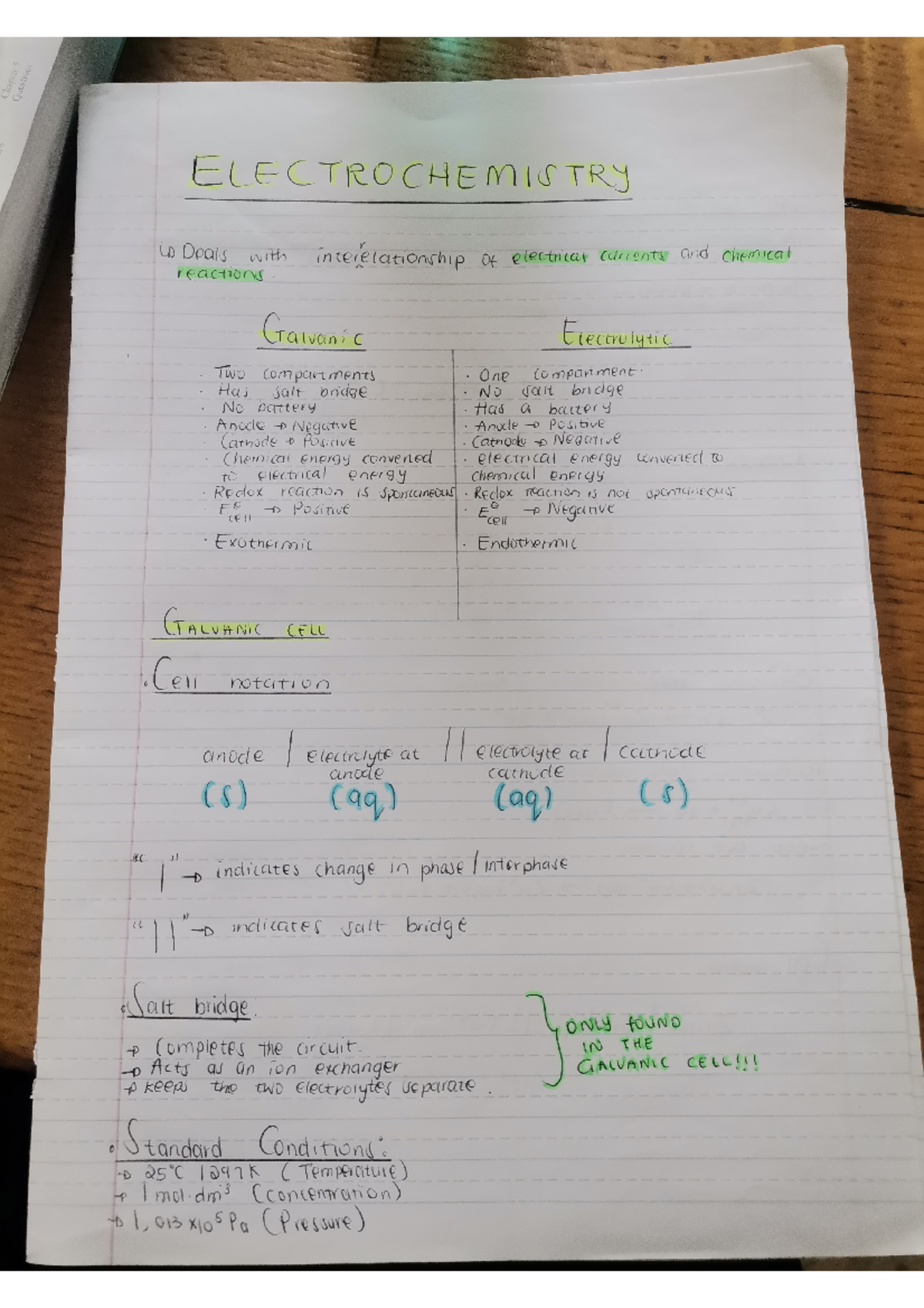Electrochemistry Notes for Course CHEM 101: Galvanic and Electrolytic ...