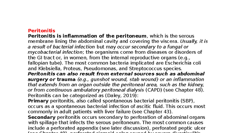 GI 101: Peritonitis Overview and Management Notes - Studocu