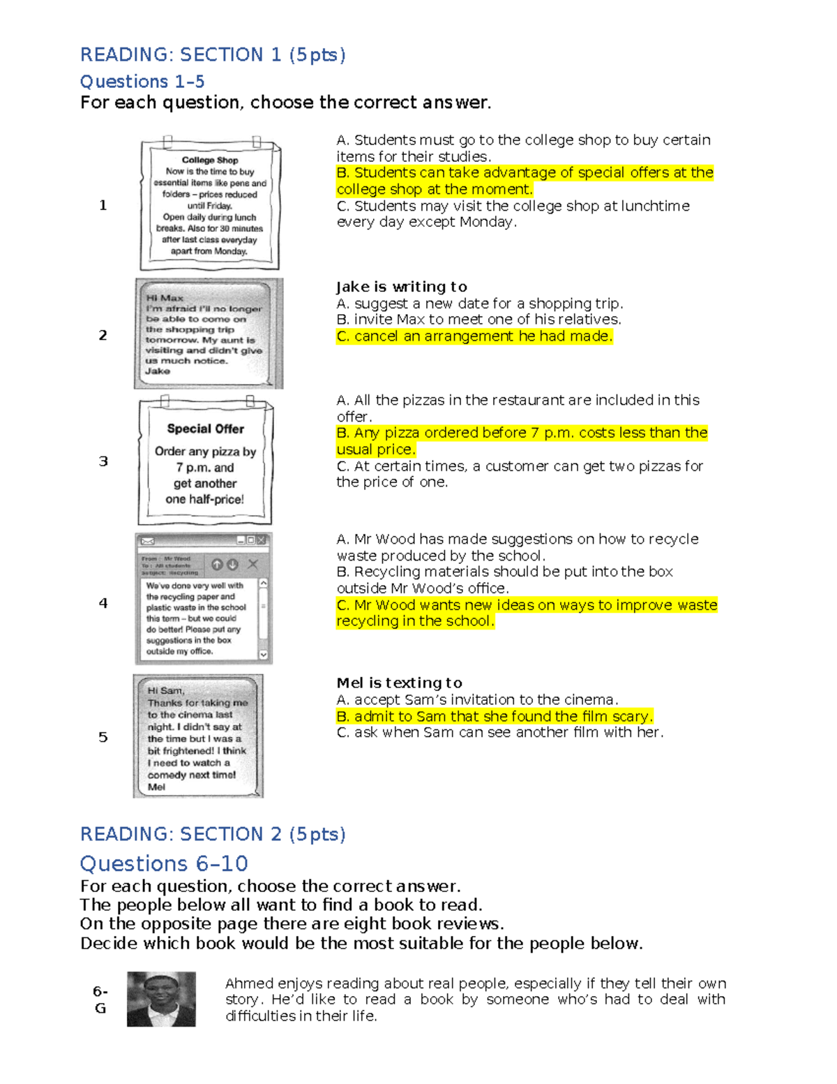 Reading B1 - Practice Questions and Answers - Studocu