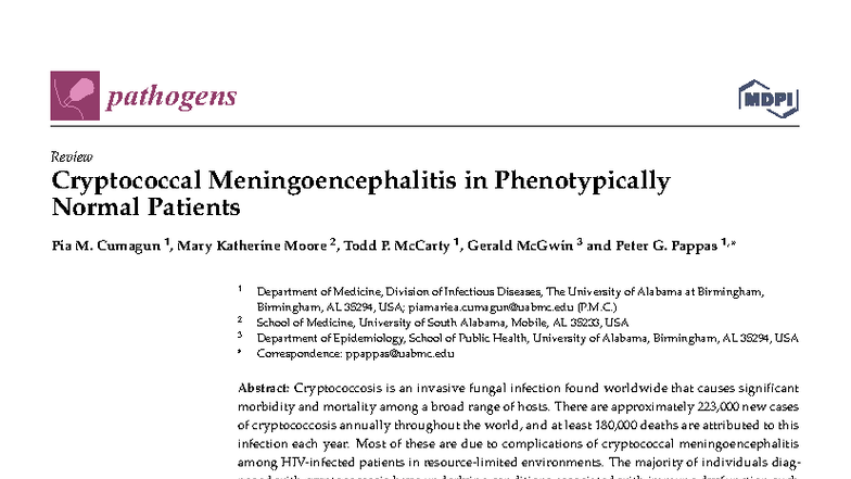 Pathogens 12: Review of Cryptococcal Meningoencephalitis in Normal ...