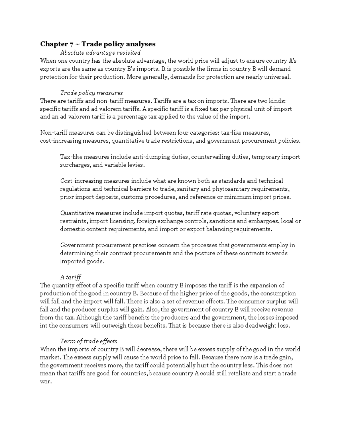 Chapter 7 Trade Policy Analysis: Absolute Advantage & Tariffs - Studeersnel