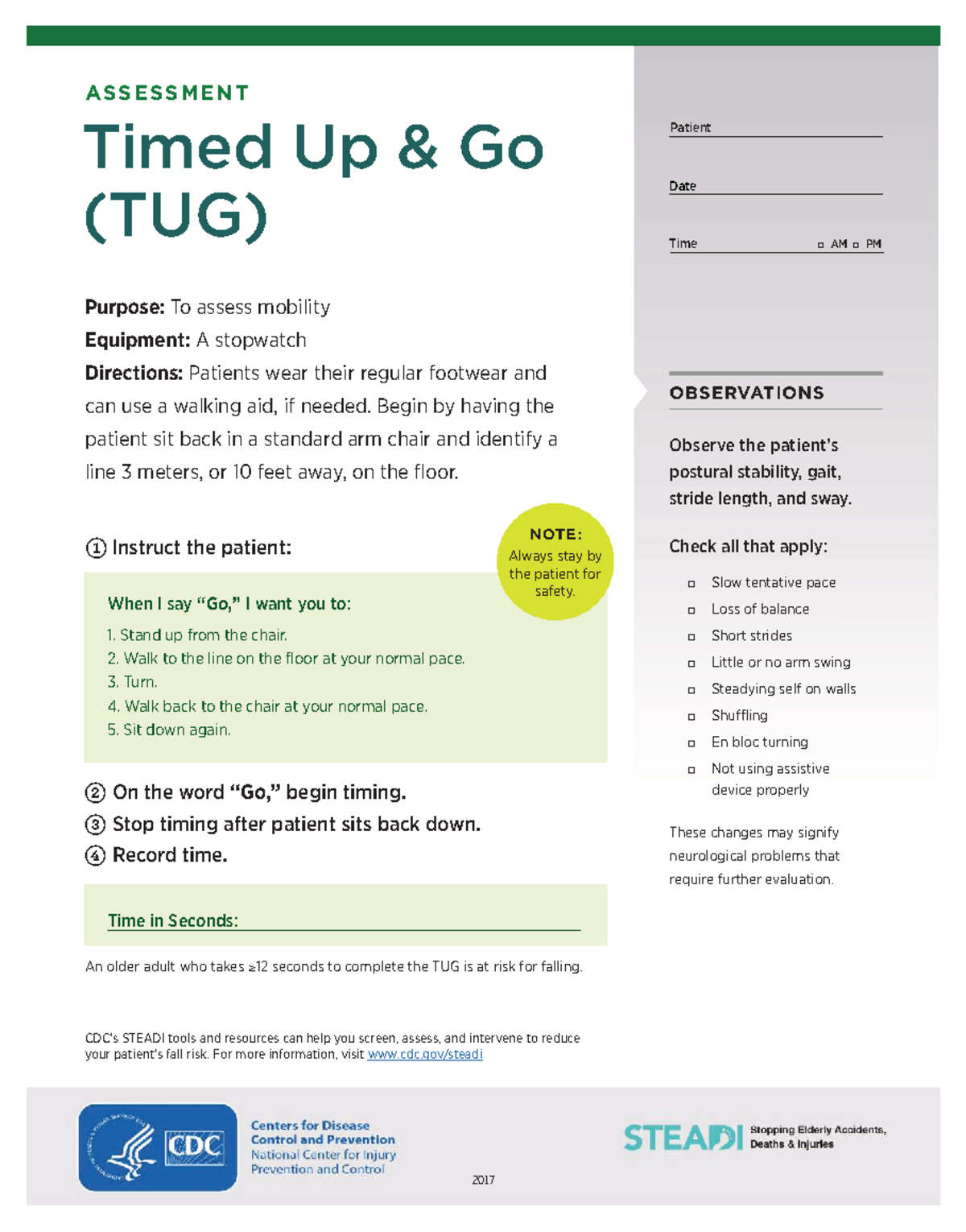 Steadi Assessment: Timed Up and Go (TUG) 508 Evaluation Guide - Studocu