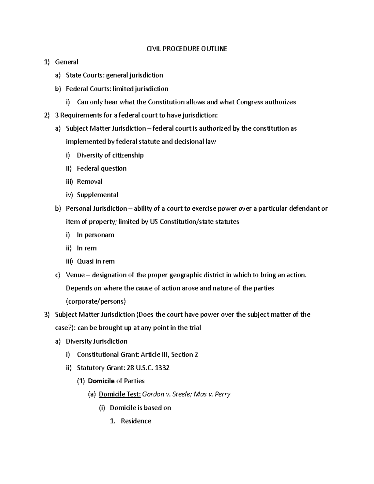 Civ Pro I - Comprehensive Outline on Civil Procedure Principles - Studocu