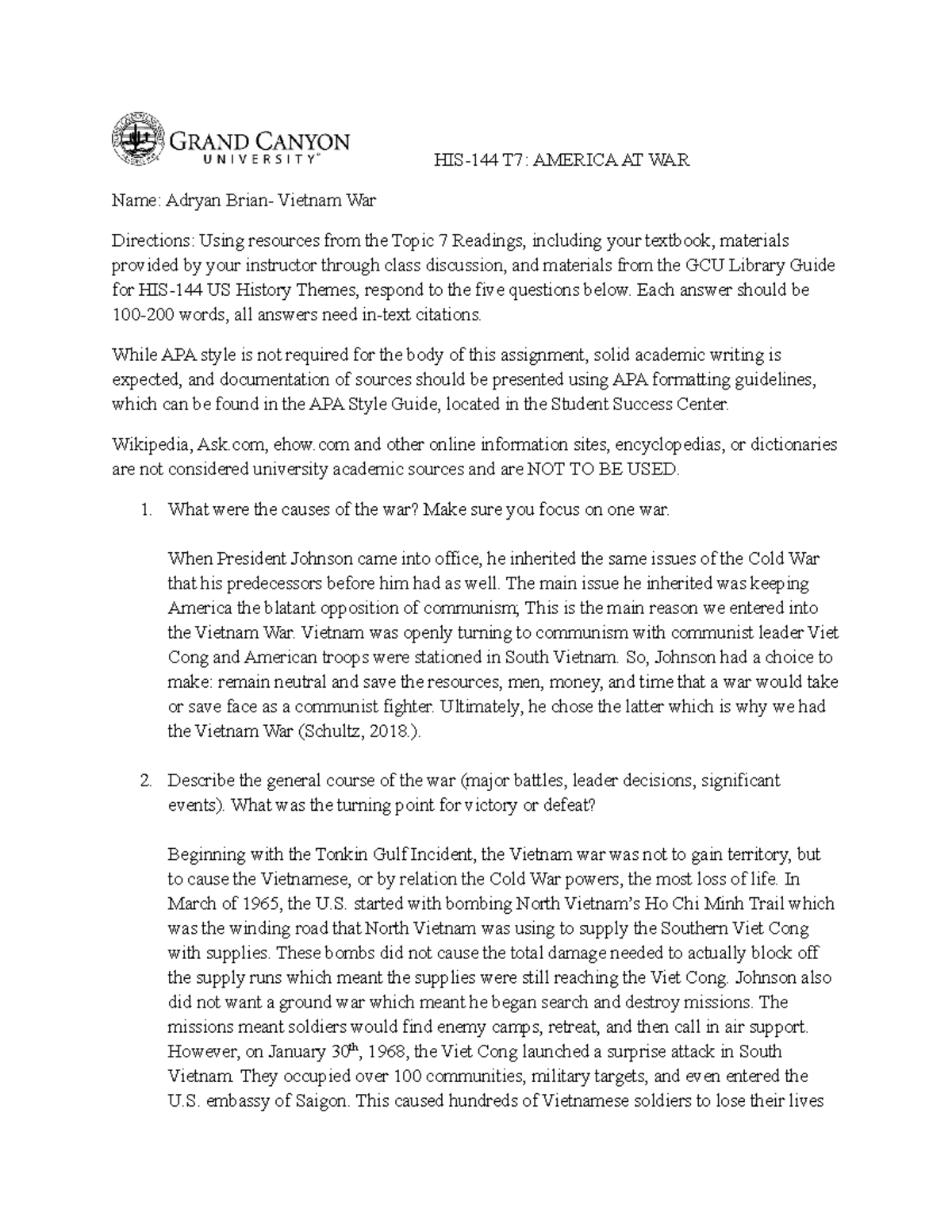 Vietnam War Analysis: HIS-144 T7 Reflection and Insights - Studocu