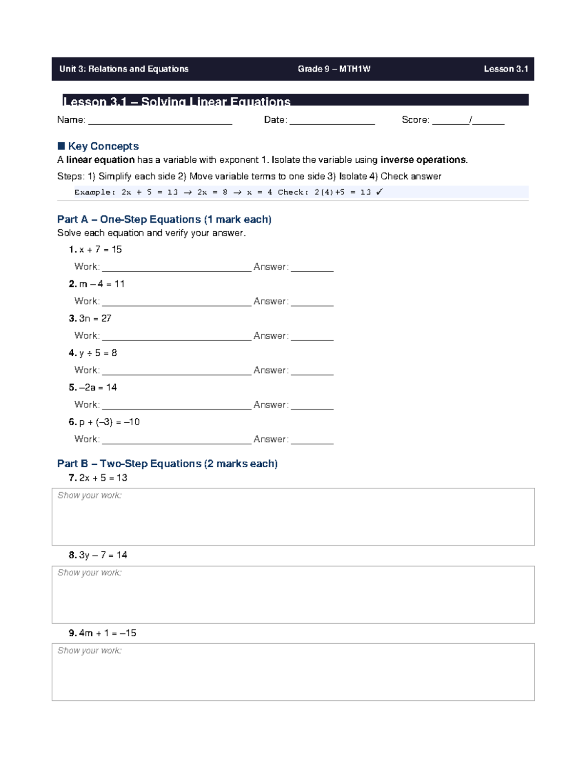 Lesson 3: Relations and Equations - Grade 9 MTH1W Overview - Studocu