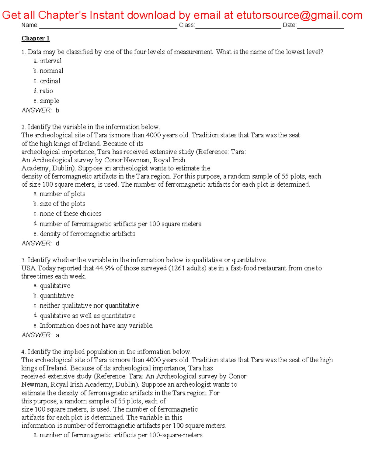 Test Bank for Understandable Statistics, 13th Edition: Chapter 1 ...