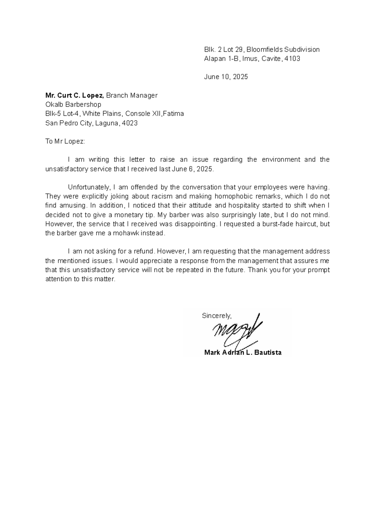Letter of Claim Regarding Unsatisfactory Service at Okalb Barbershop ...