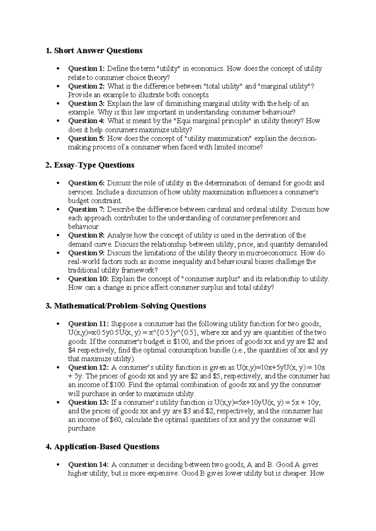 Microeconomics Exam Questions: Utility and Consumer Behavior - Studocu