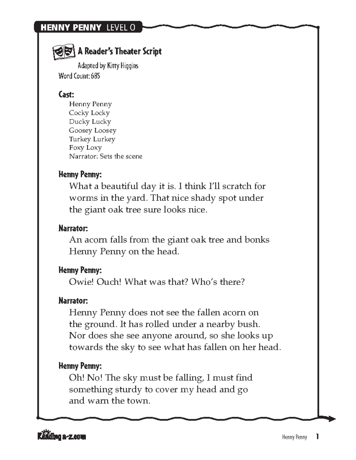 Henny Penny Reader's Theater Script Adaptation - Level O - Studocu