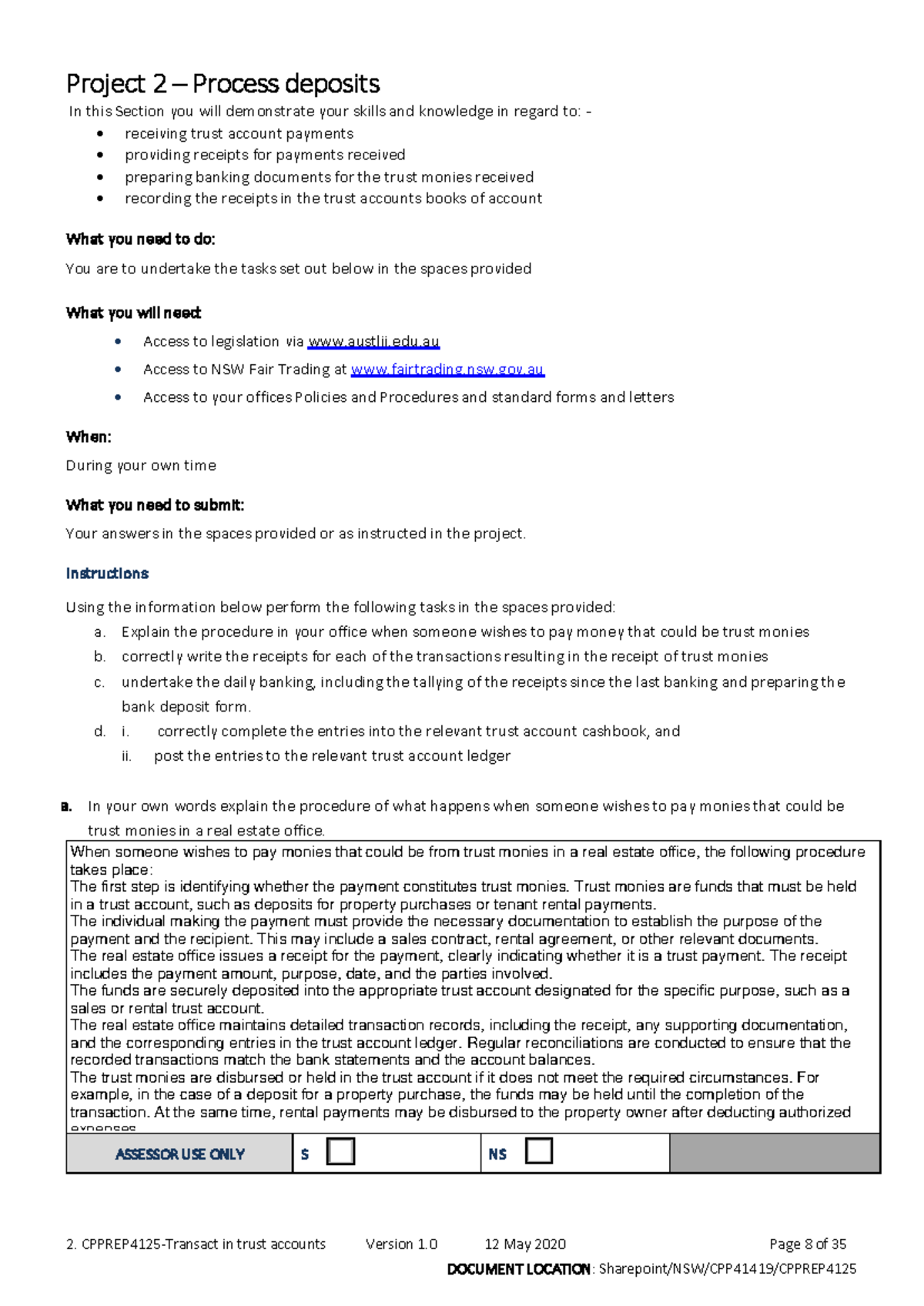PM M Assessment Cpprep 4125 Project 2 1 0 - CPPREP4125-Transact in trust accounts Version 1 12 ...