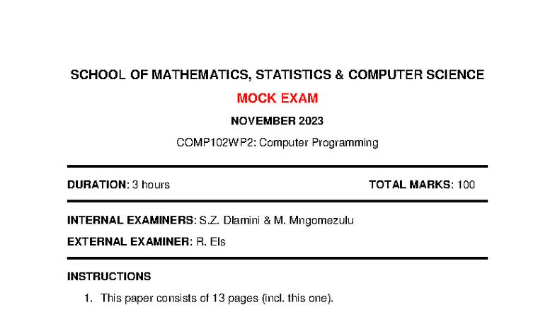 Mock Exam: COMP102WP2 - Computer Programming November 2023 - Studocu