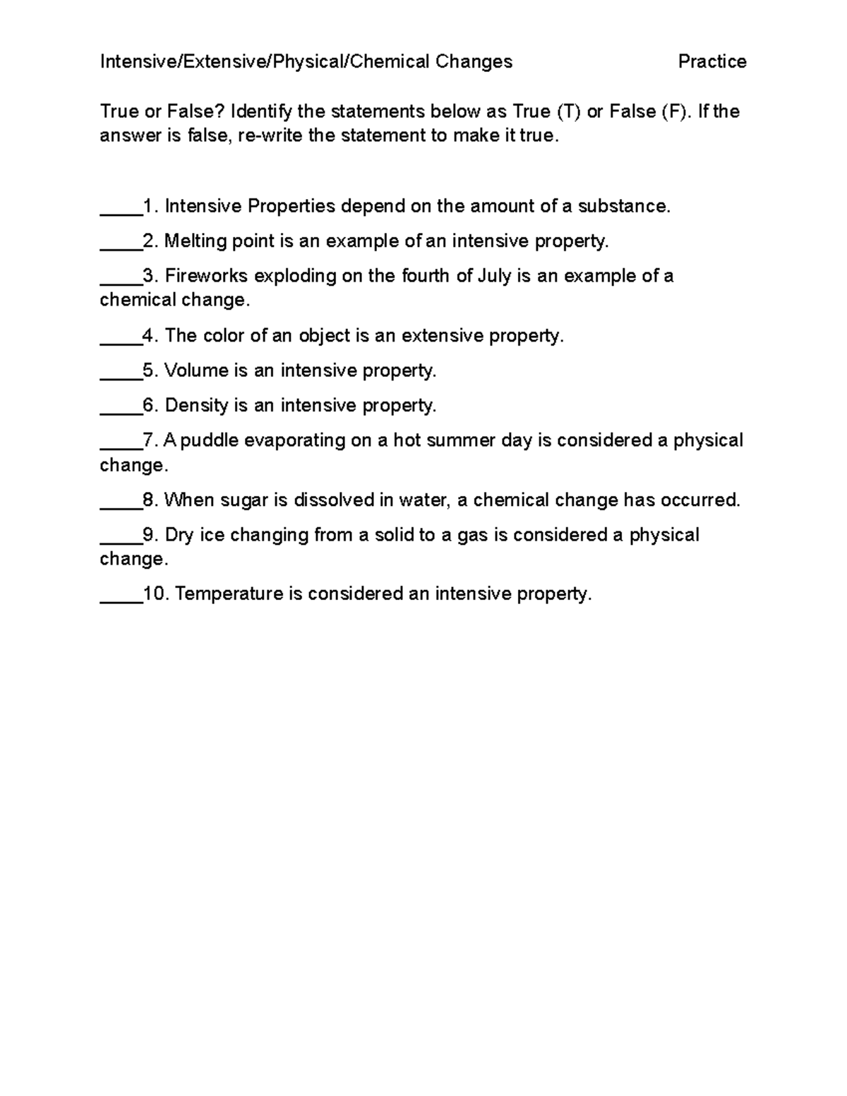 Changes Practice: True or False? (Intensive vs Extensive Properties ...