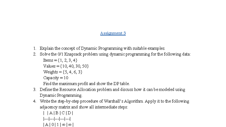 DAA Assignment 3: Dynamic Programming & Backtracking Concepts - Studocu