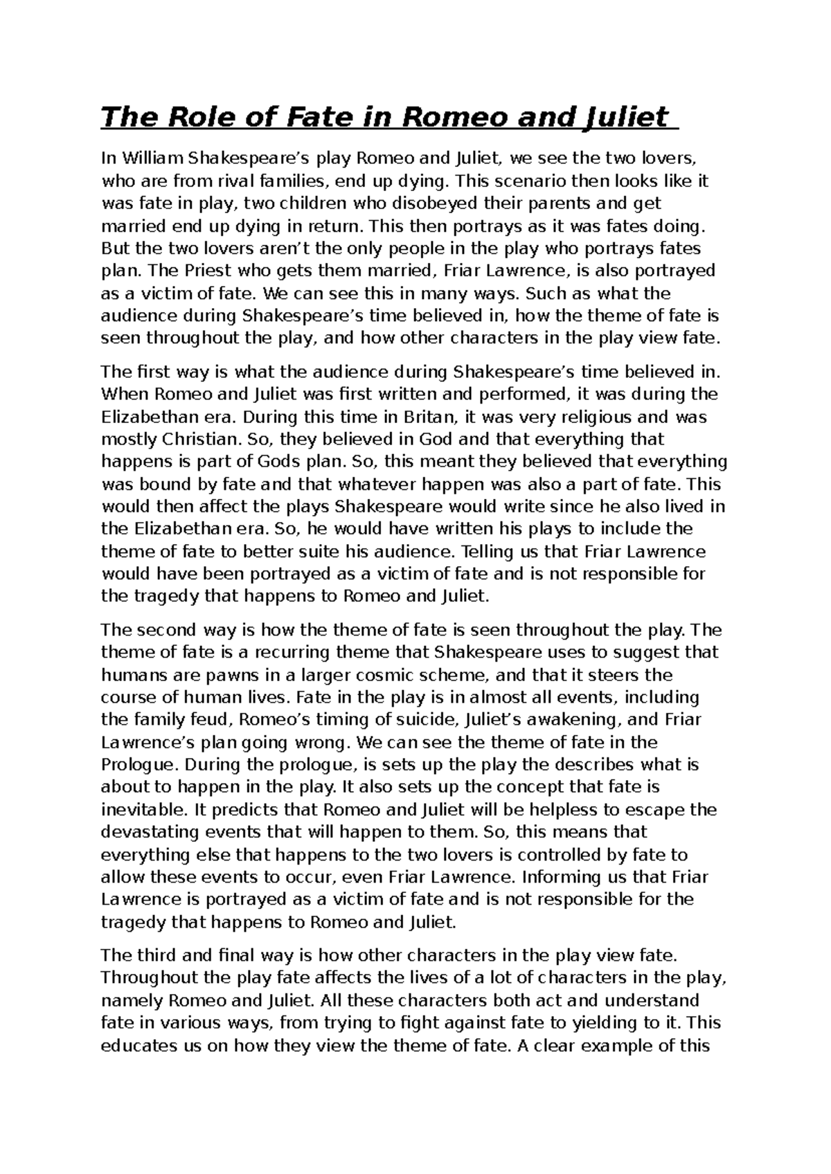 The Role of Fate in Shakespeare's Romeo and Juliet: An Analysis - Studocu
