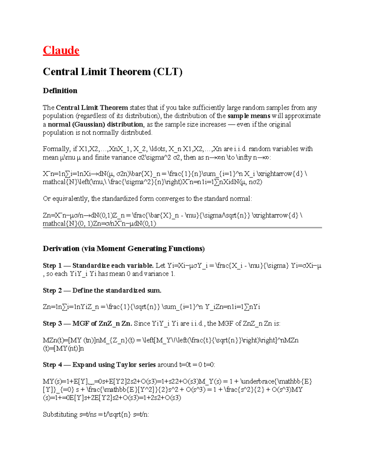 CLT Lecture Notes: Understanding the Central Limit Theorem - Studocu
