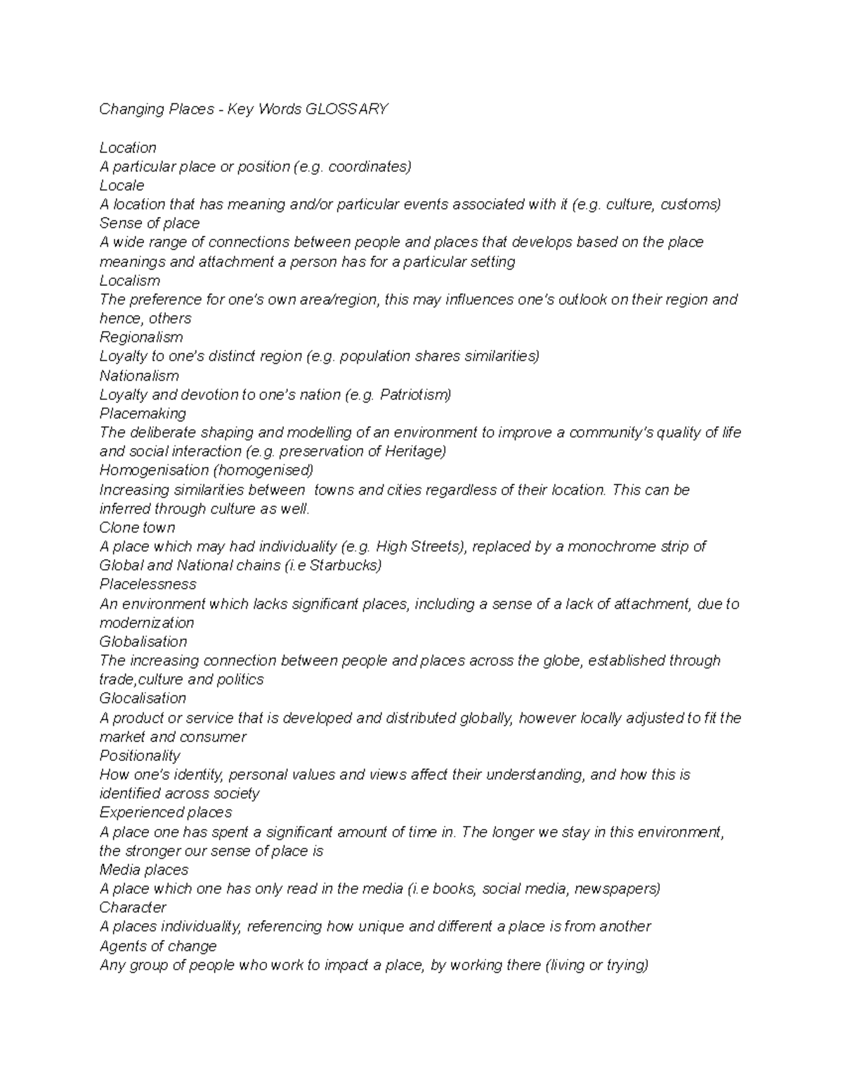Changing Places Key Terms Glossary for Geography Studies - Studocu