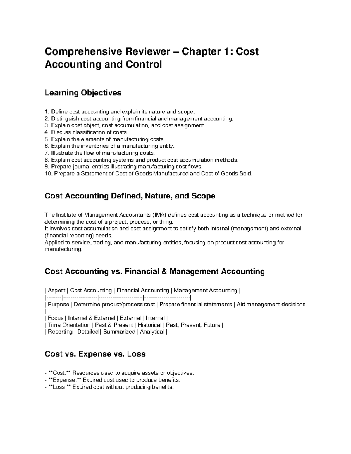 Cost Accounting Reviewer CH1: Concepts & Cost Flow Analysis - Studocu