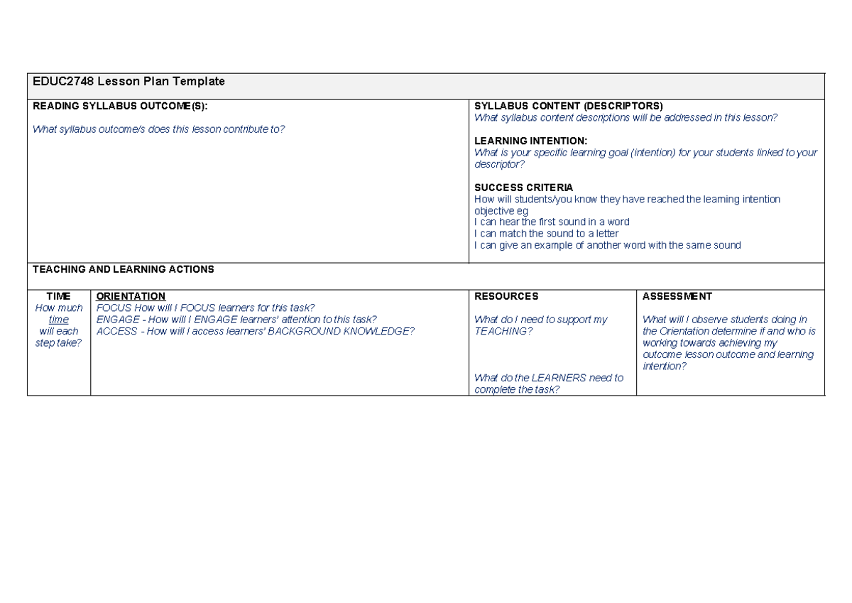 EDUC2748 Lesson Plan Template for Reading Instruction - Studocu