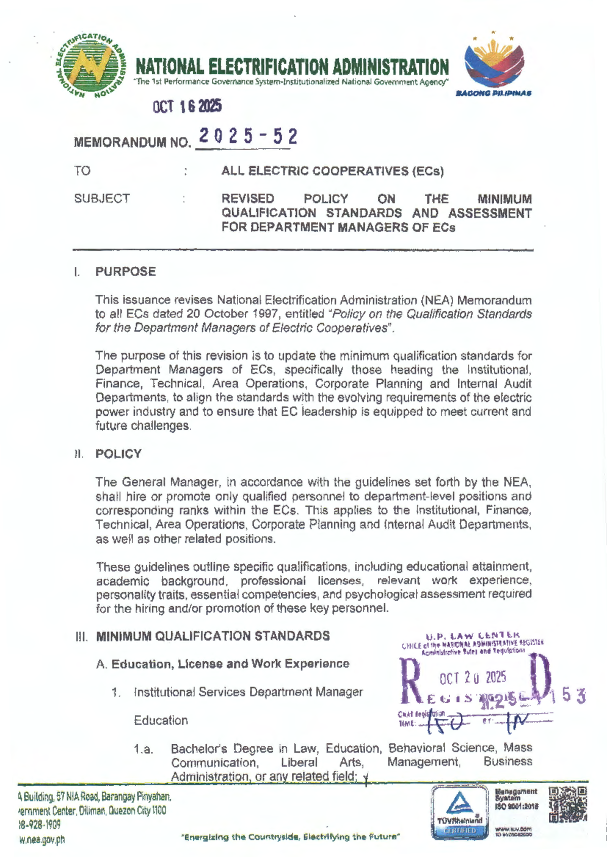 Memo to ECs No. 2025-52: Revised Policy on Dept. Manager Qualifications ...