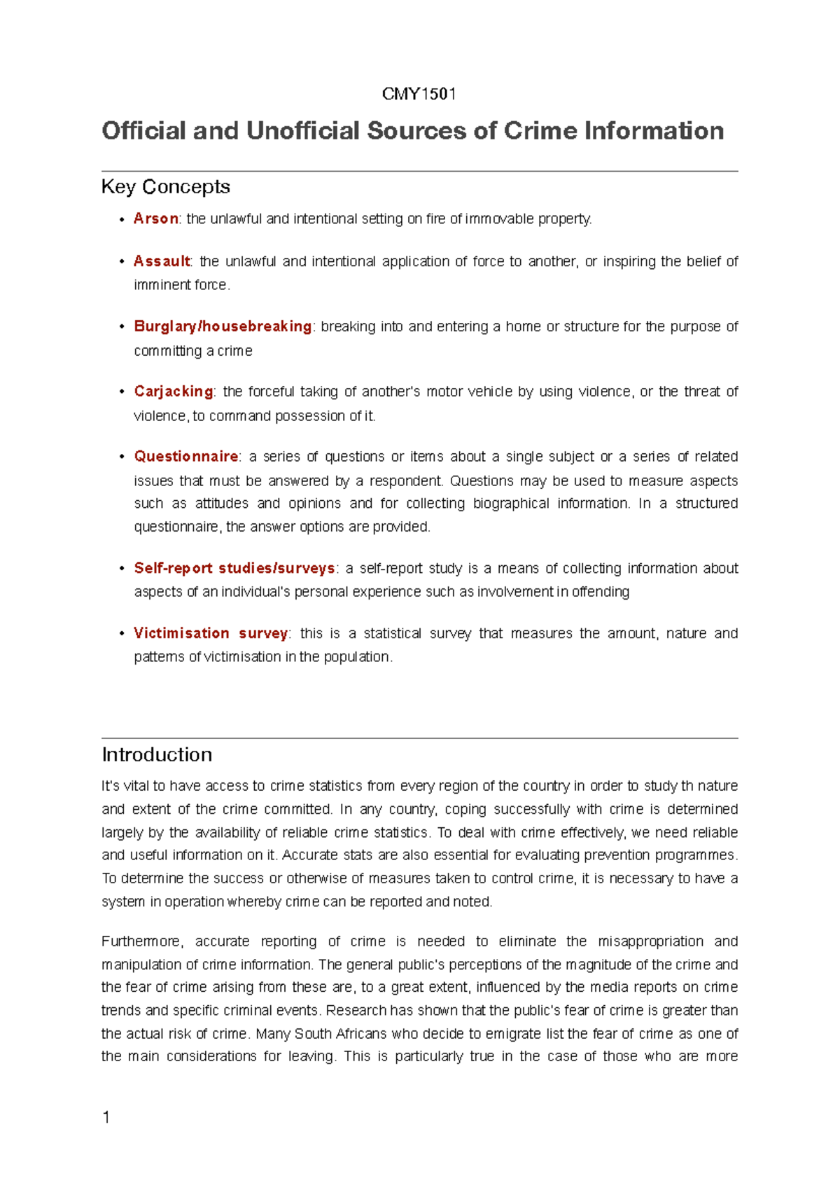 CMY1501 Official and Unofficial Sources of Crime Information Overview ...