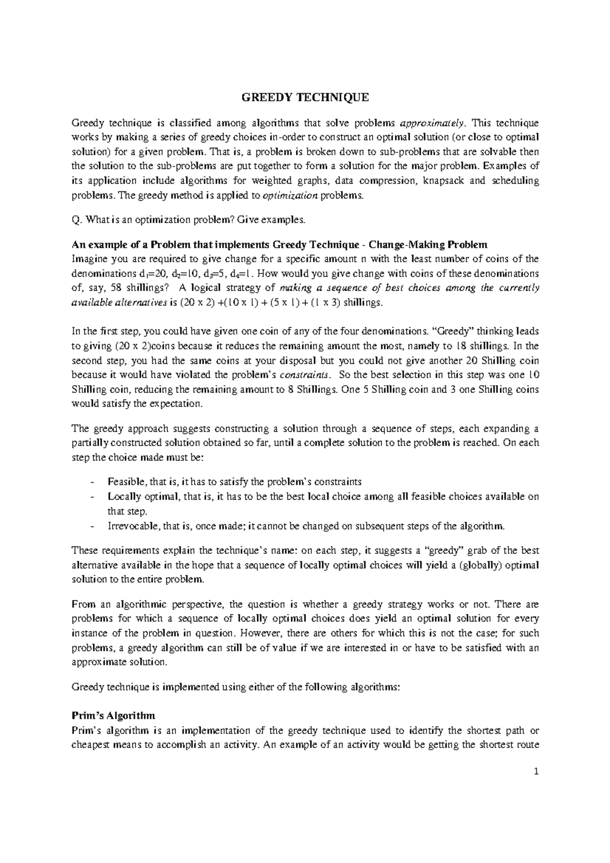 Handout 5.0: Understanding the Greedy Technique in Algorithms - Studocu