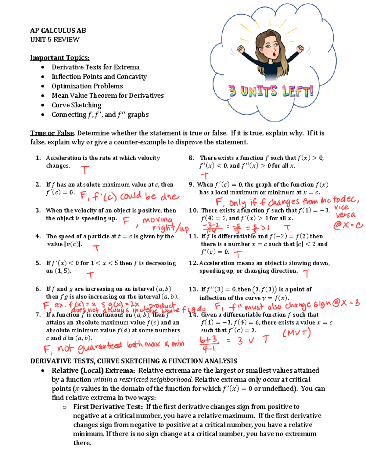 AP CALCULUS AB Unit 5 Review- Key Points and Problem Solutions - Studocu