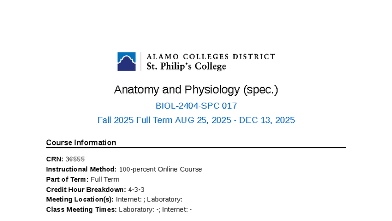 Anatomy & Physiology Course Syllabus and Assignments - BIOL 2404-SPC ...