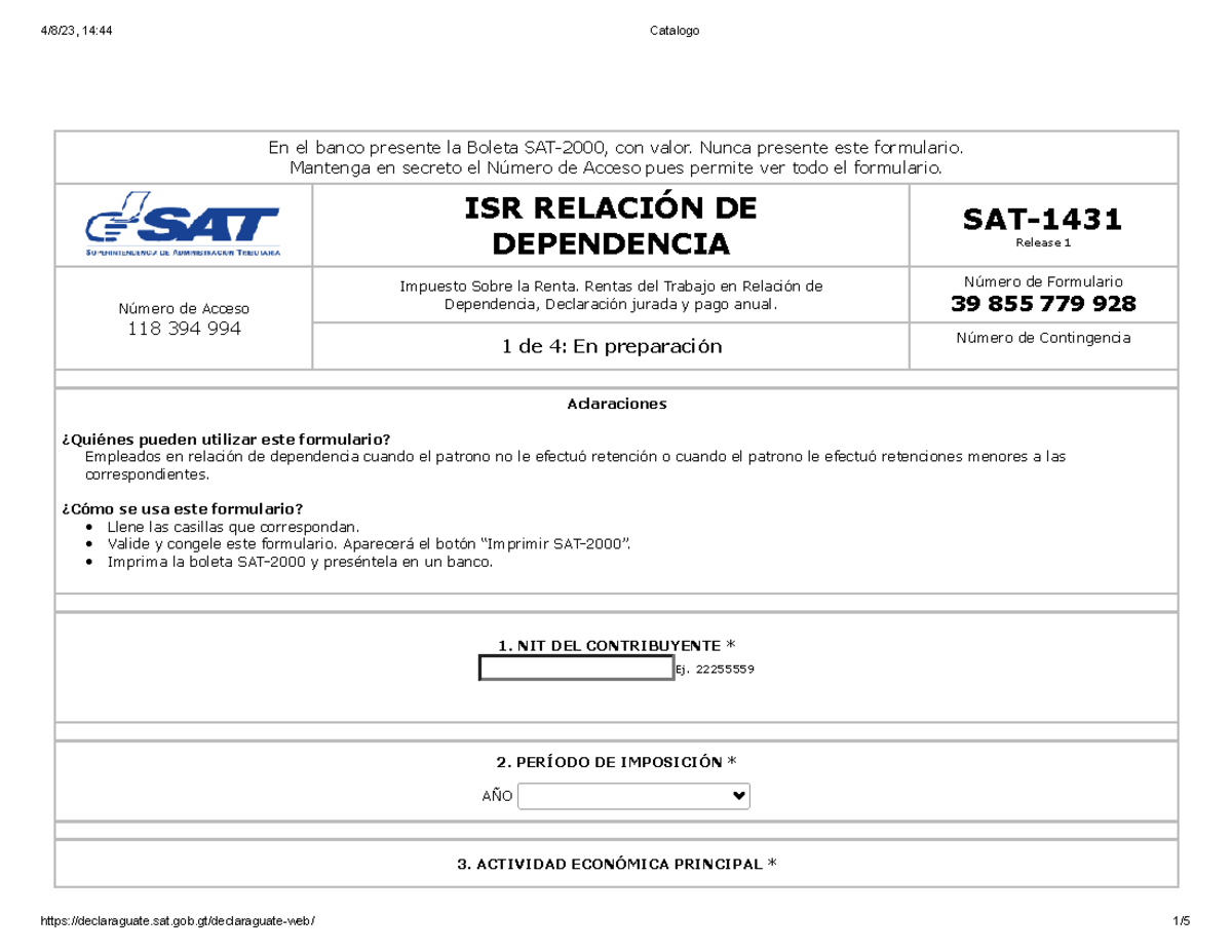 SAT 1431 ISR Relación de Dependencia - Instrucciones y Formulario - Studocu
