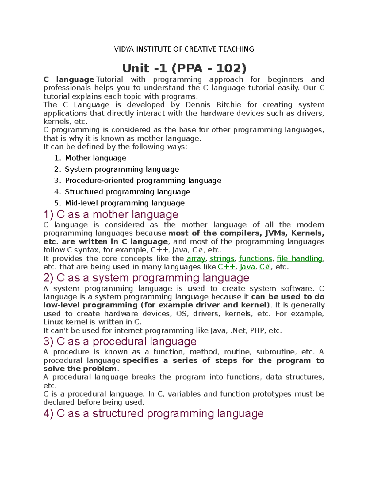 Unit1 (PPA-102) - Notes ppa - VIDYA INSTITUTE OF CREATIVE TEACHING Unit ...