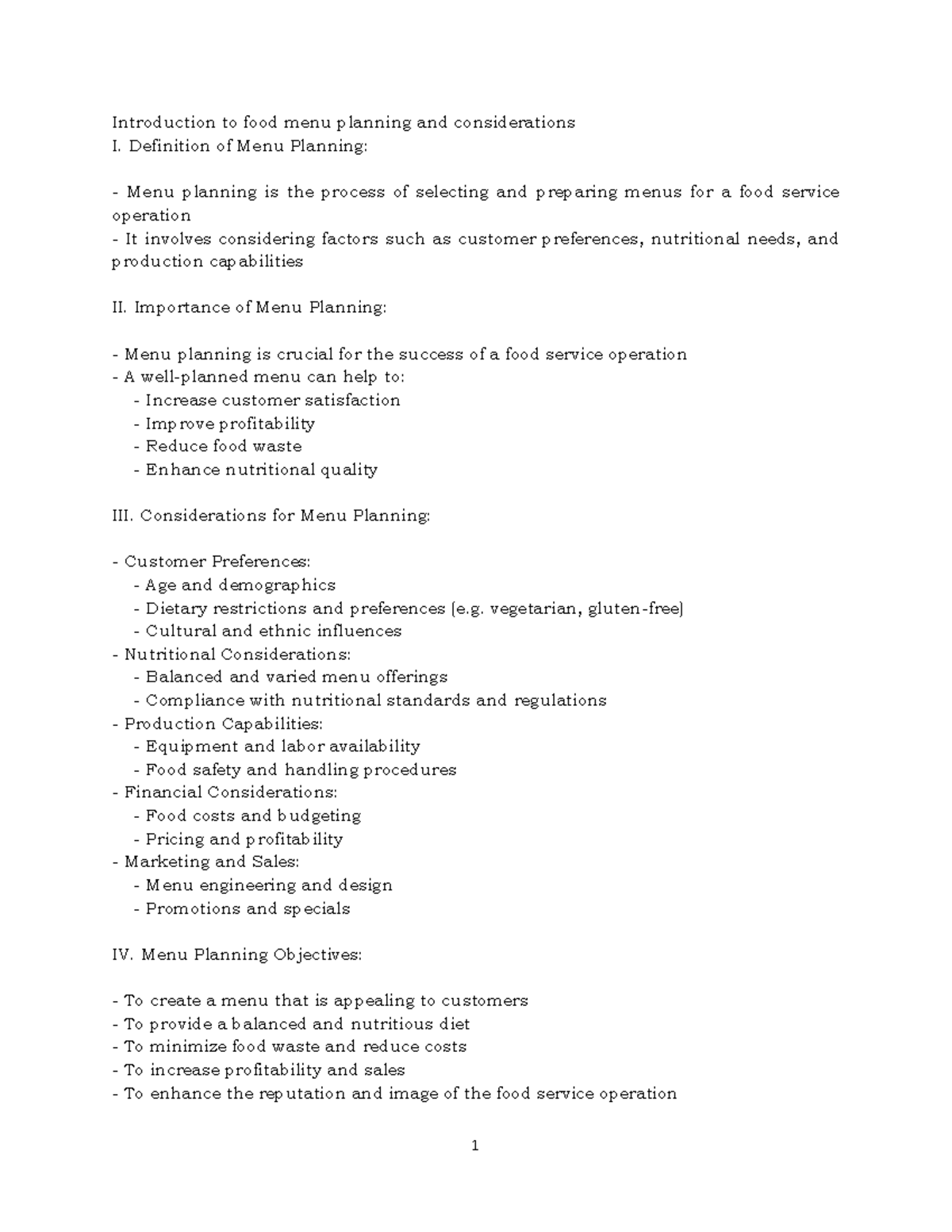 Introduction to Food Menu Planning and Considerations (Course Code: 6 ...