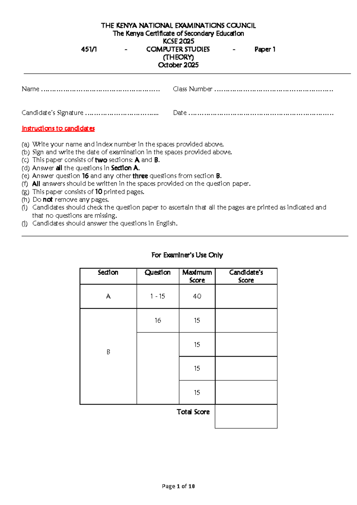 KCSE 2025 Computer Studies Paper 1 (Theory) Exam Guide - Studocu