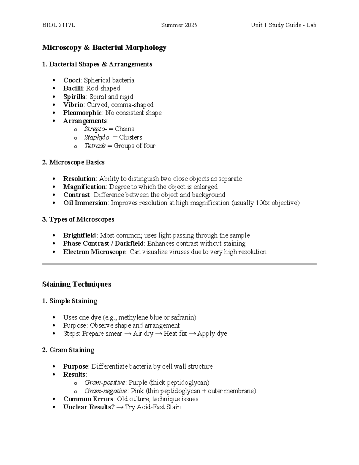 BIOL 2117L Summer 2025 Lab Unit 1 Study Guide: Microscopy & Bacterial ...
