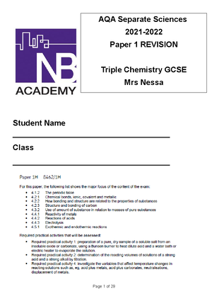 Chemistry Paper 1 Revision Booklet - Chemistry Paper 1 Revision Booklet ...