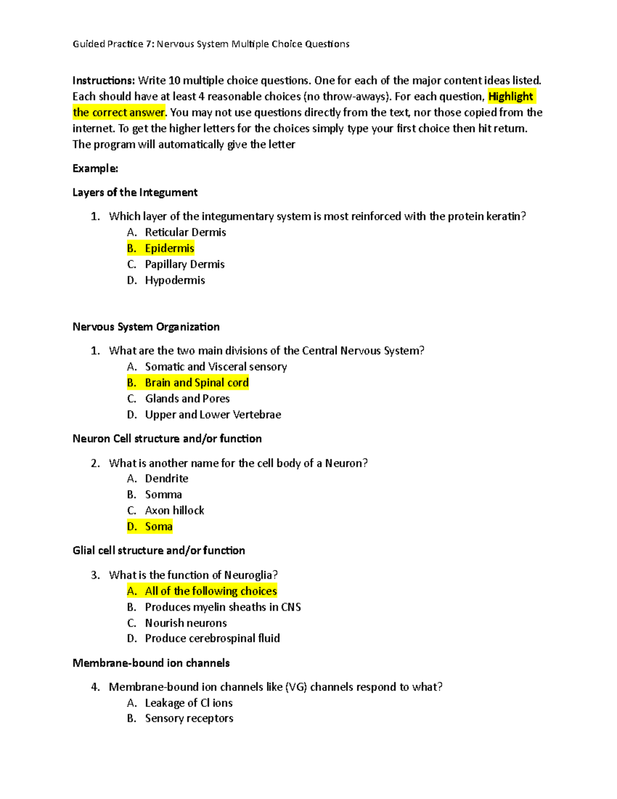 BIOL 243 Guided Practice 7 - Nervous System MC Questions - Studocu