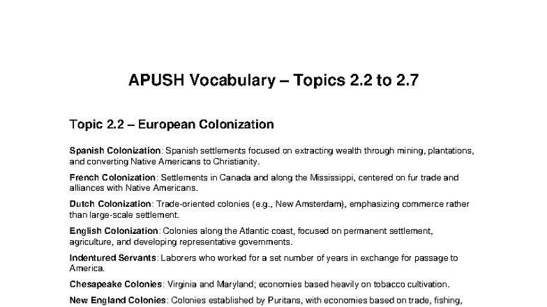 APUSH Vocabulary: Topics 2.2 to 2.7 Overview and Key Terms - Studocu