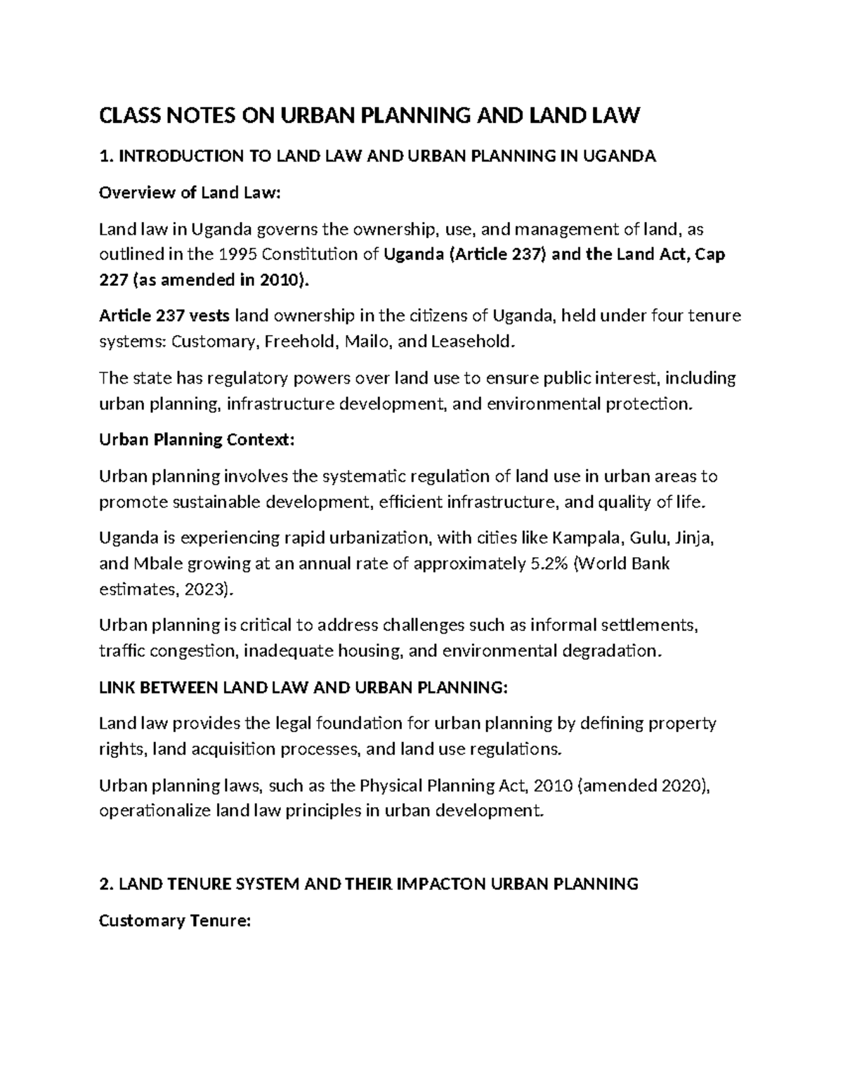 CLASS NOTES ON LAND LAW & URBAN PLANNING IN UGANDA (UPL 101) - Studocu