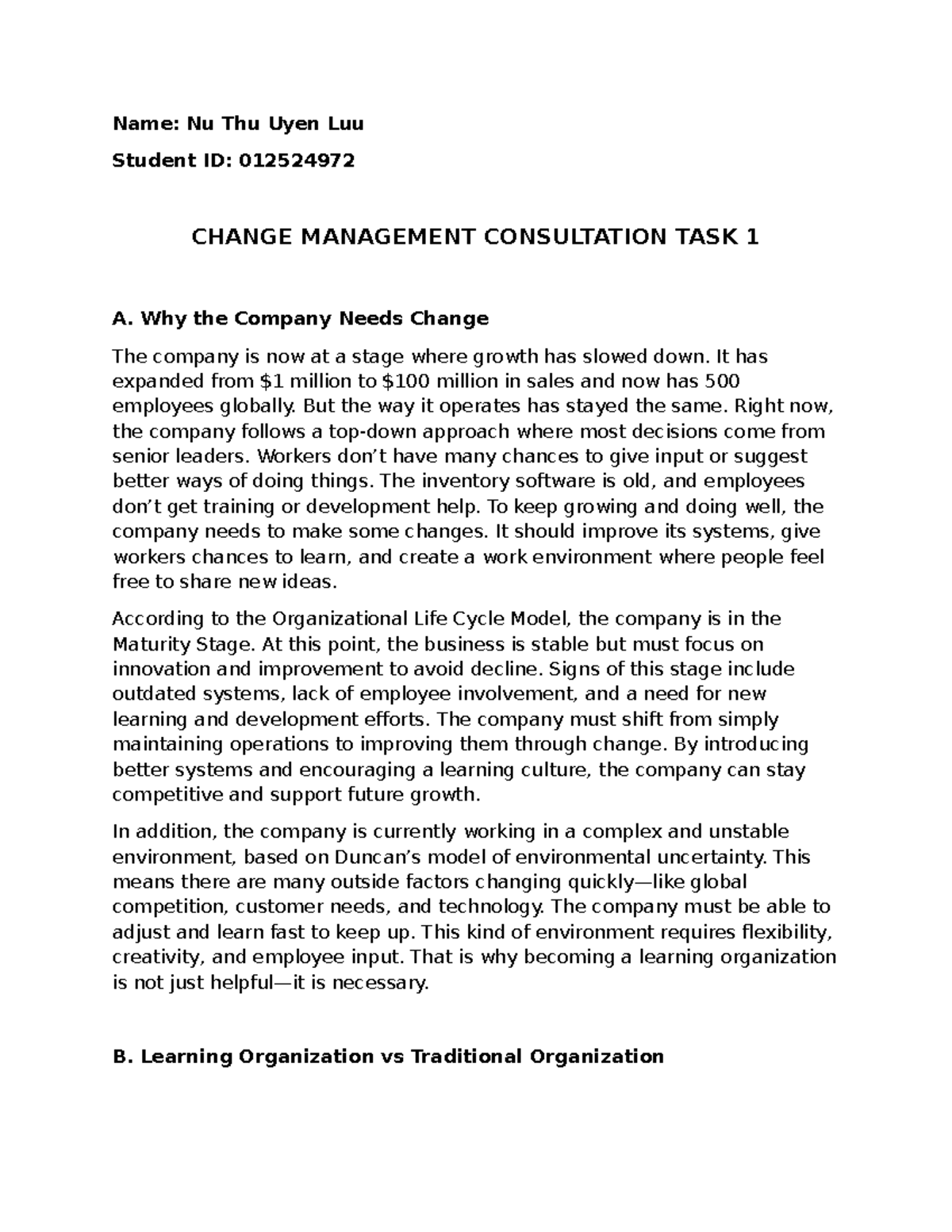 C721 - Change Management Task 1: Strategies for Organizational Growth ...