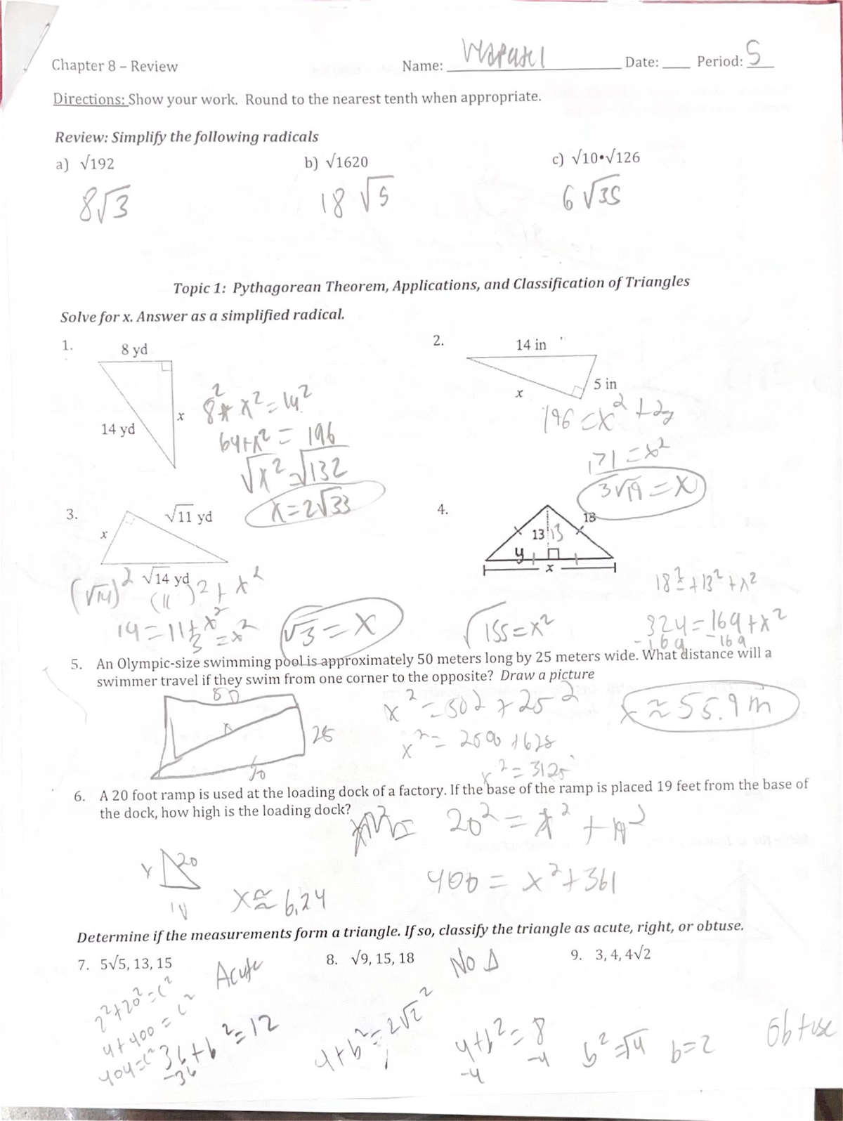Chapter 8 Review: Pythagorean Theorem & Special Triangles (MATH101 ...