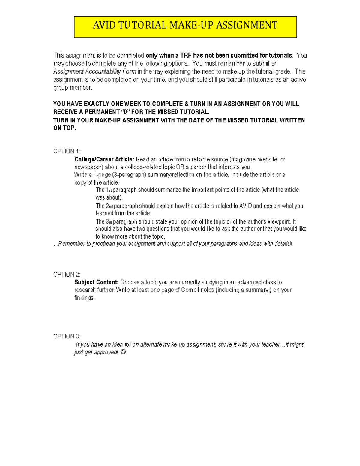 AVID 101: Tutorial Make-Up Assignment Guidelines - Studocu