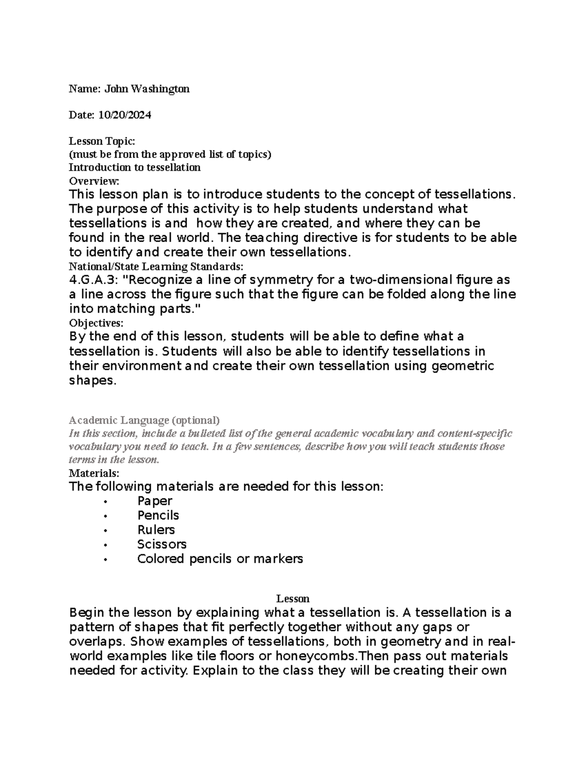 MAT-151 Lesson Plan: Introduction to Tessellations Activity - Studocu