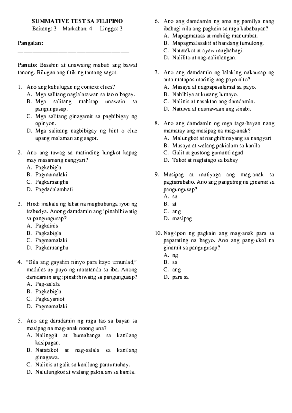 SUMMATIVE TEST SA FILIPINO Baitang 3 Markahan 4 Linggo 3 - Studocu