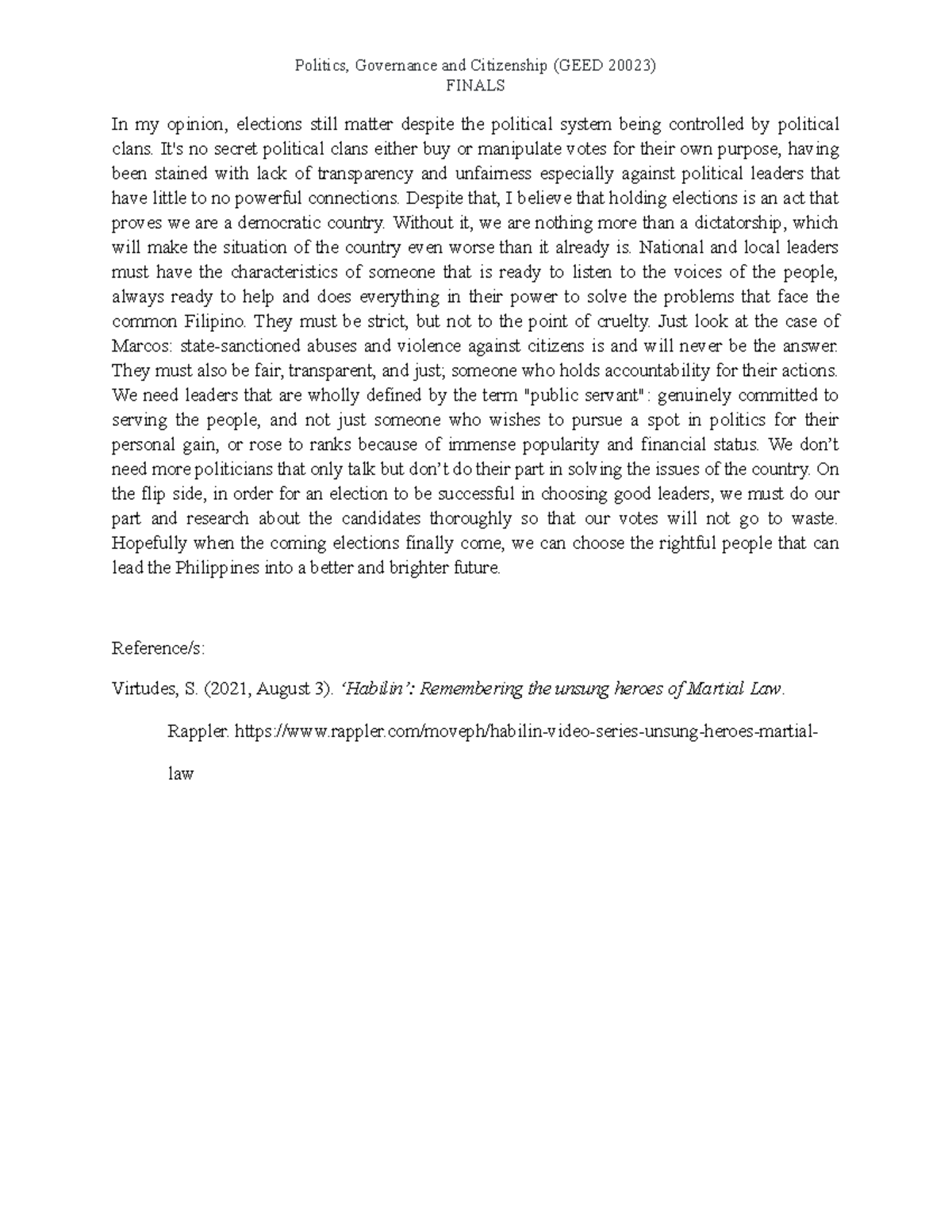 POLGOV - GEED 20023 Finals Exam: Importance of Elections in Democracy ...