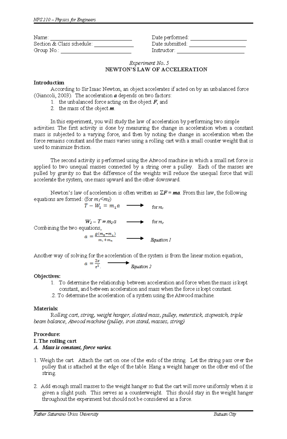 Experiment No. 5: Newton's Law of Acceleration - PHYS 101 - Studocu