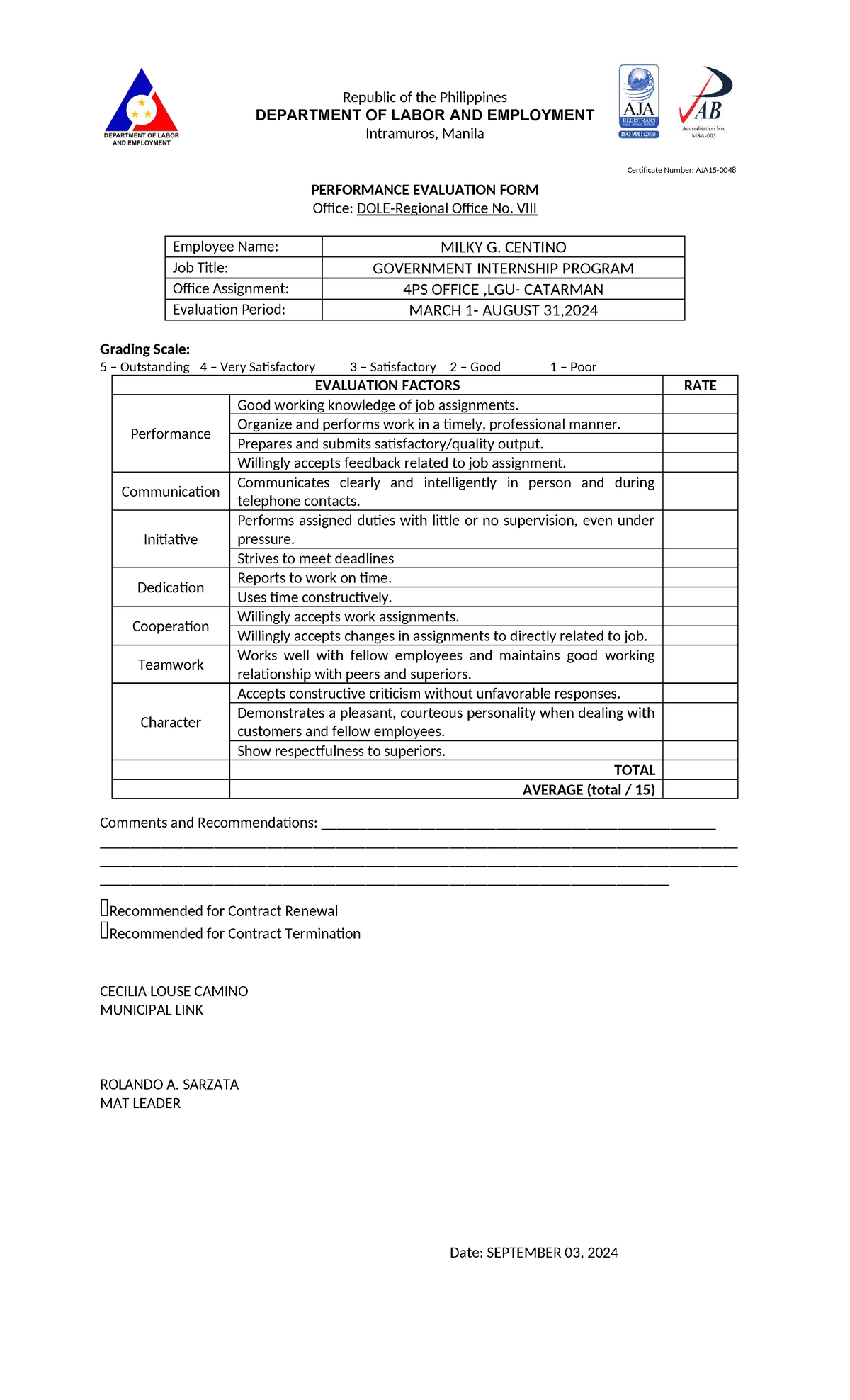 Performance evaluation form for government internship program 4PS - Studocu