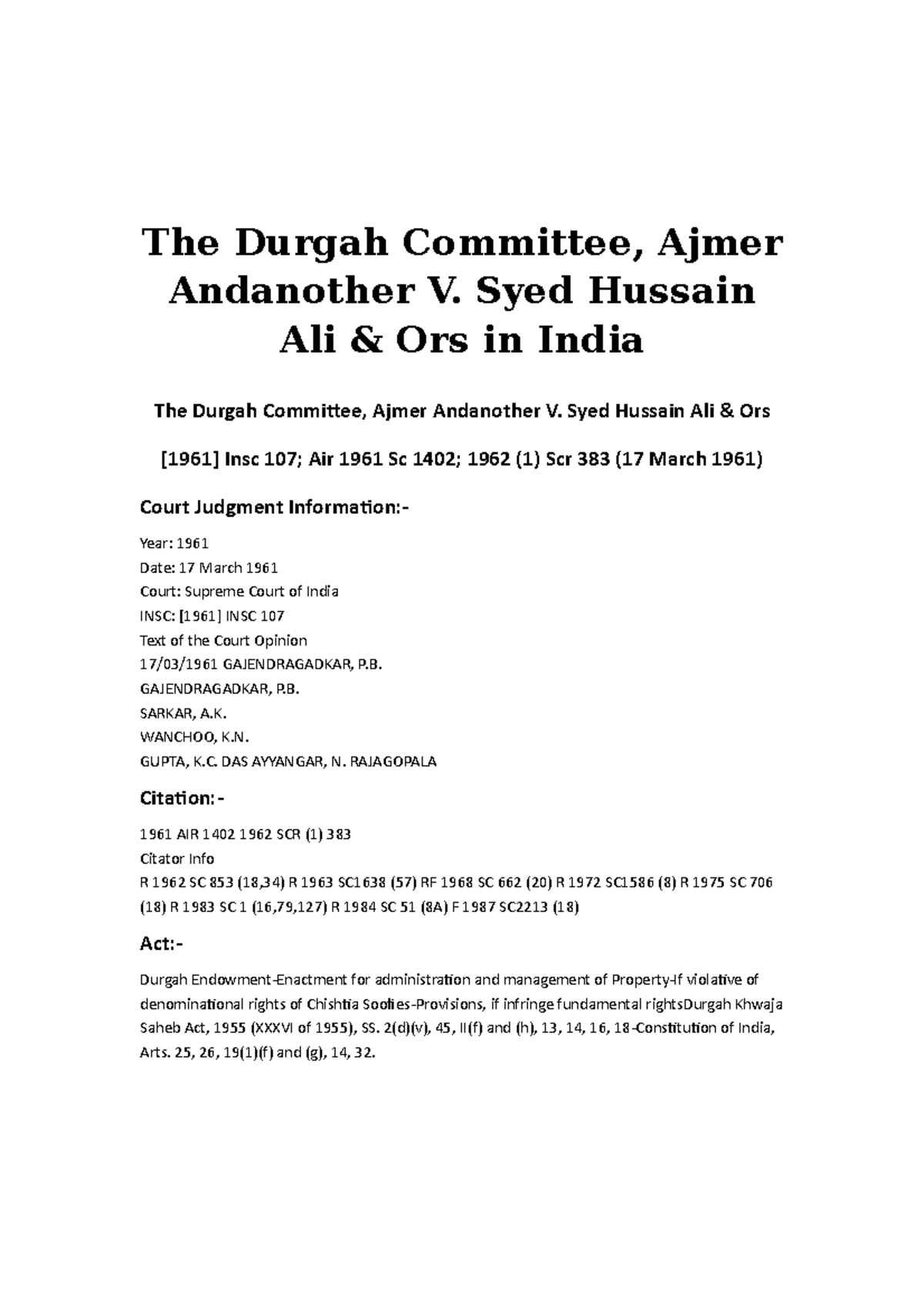 Durgah Committee Case Study: Andanother V. Syed Hussain (1961) - Studocu